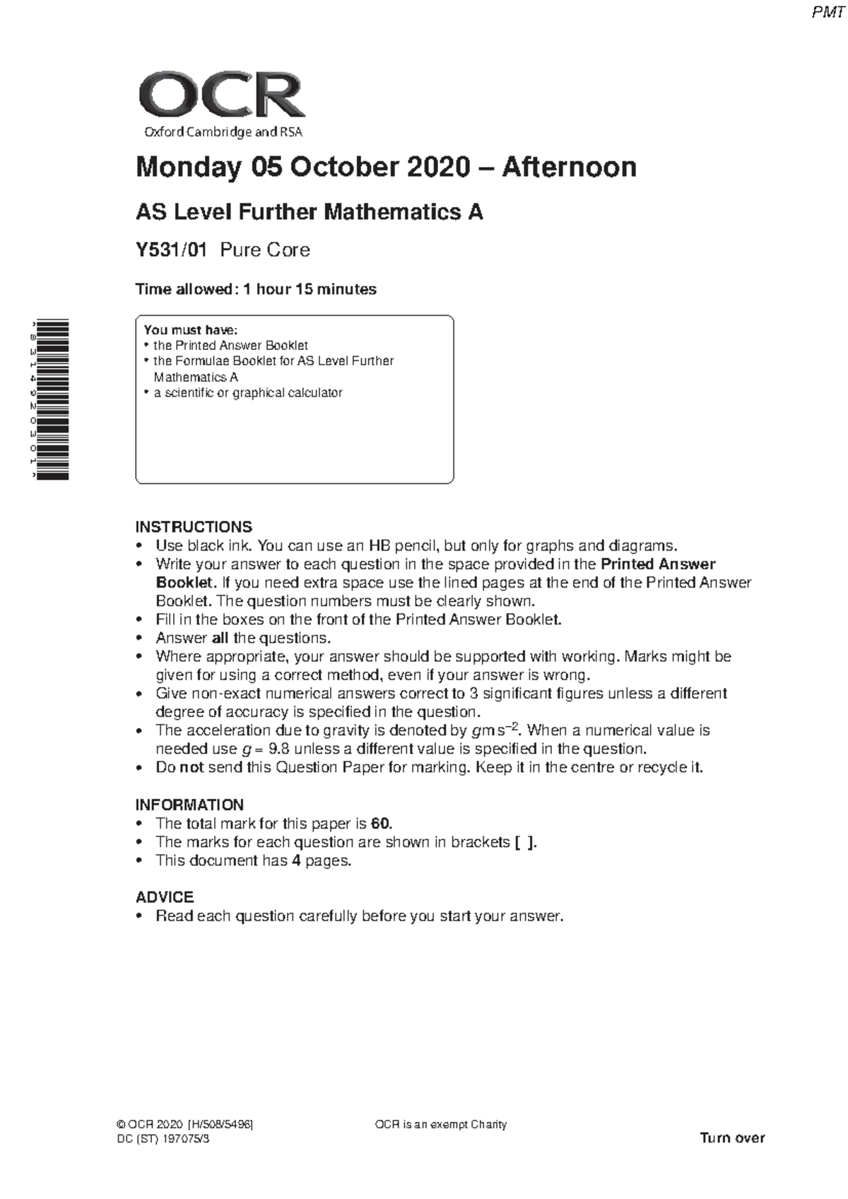 AS Level Further Mathematics A - PMT Past Paper (Nov 2020) - Studocu
