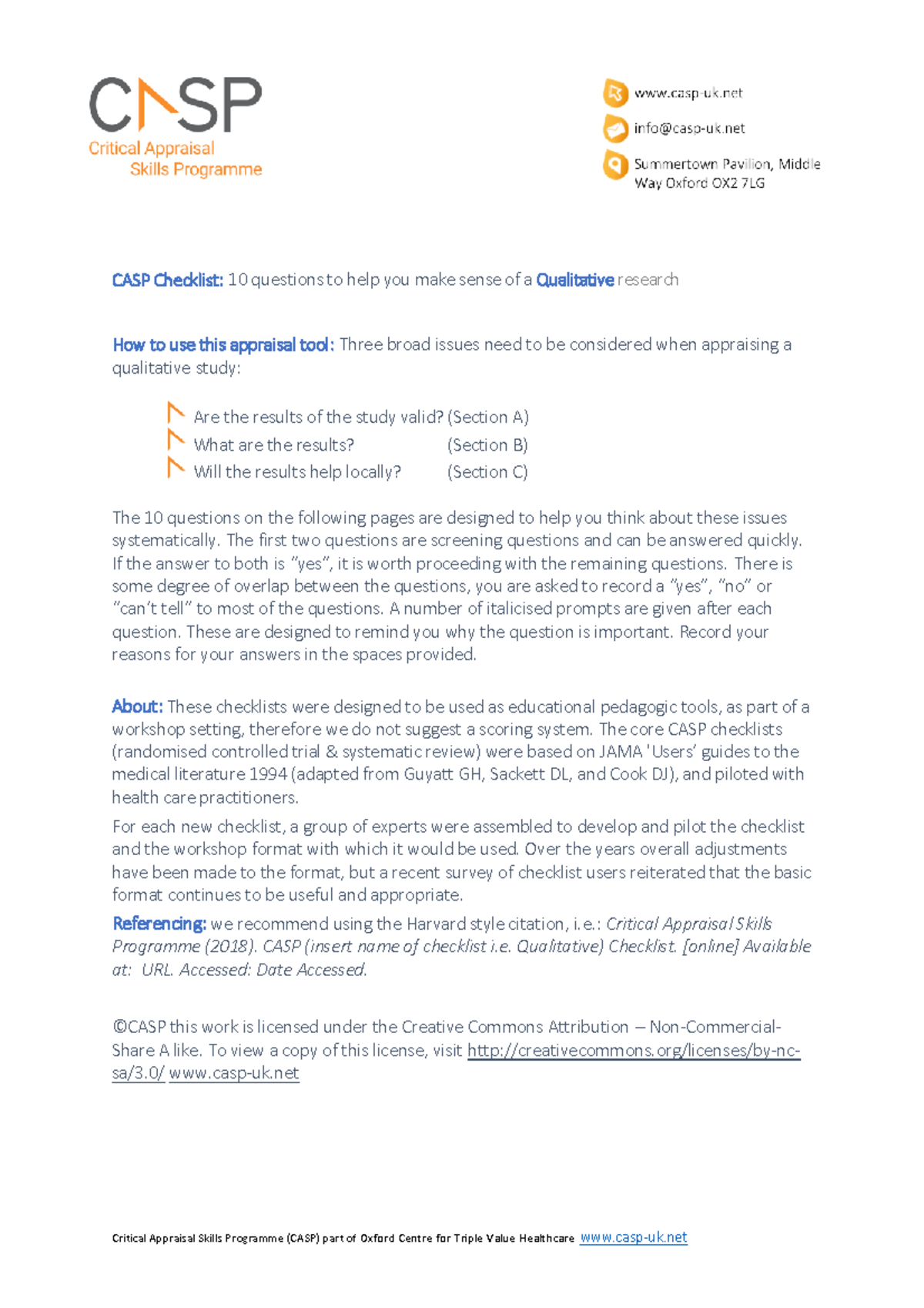 CASP Qualitative Research Checklist for Critical Appraisal - Studocu