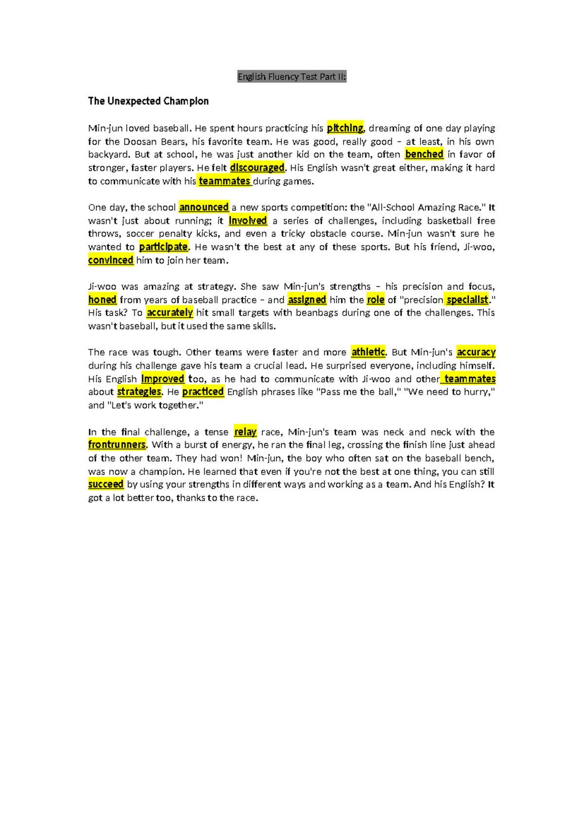 English Fluency Test Part II: The Unexpected Champion's Journey - Studocu