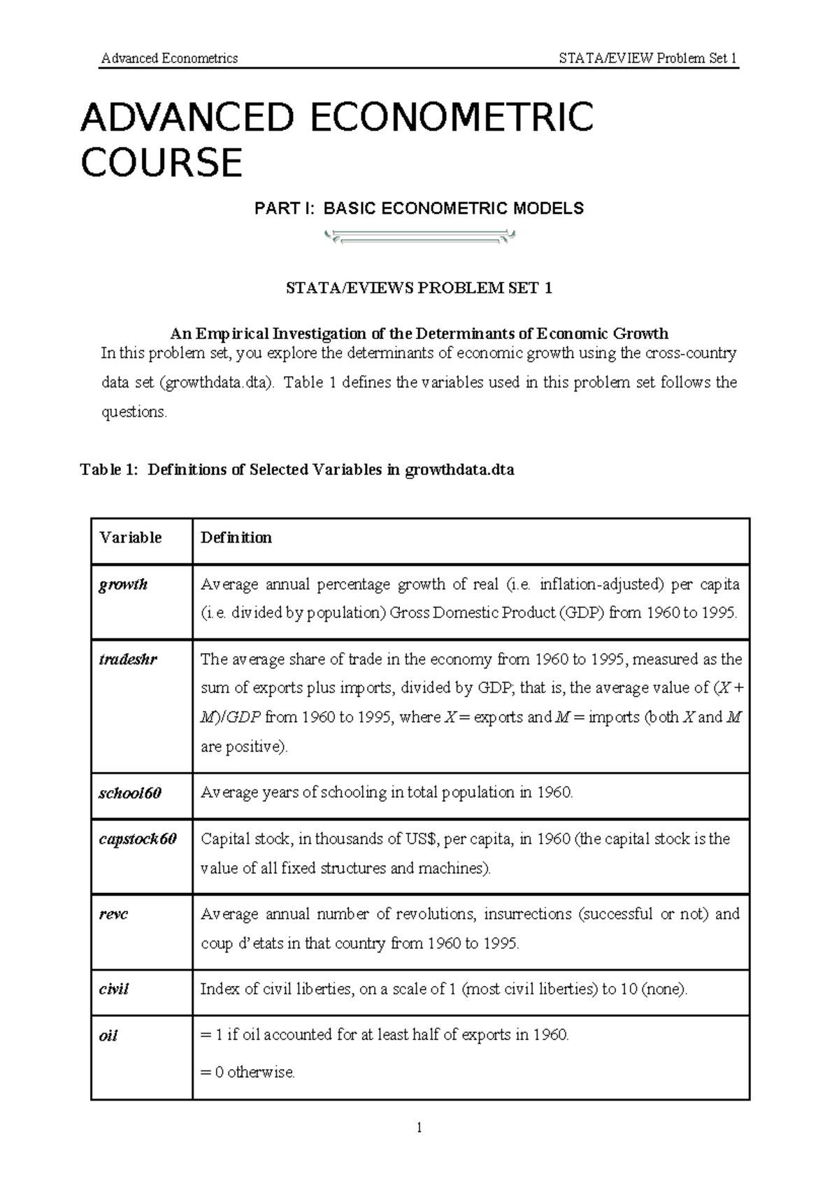 Advanced Econometrics Problem Set 1: Determinants of Economic Growth ...
