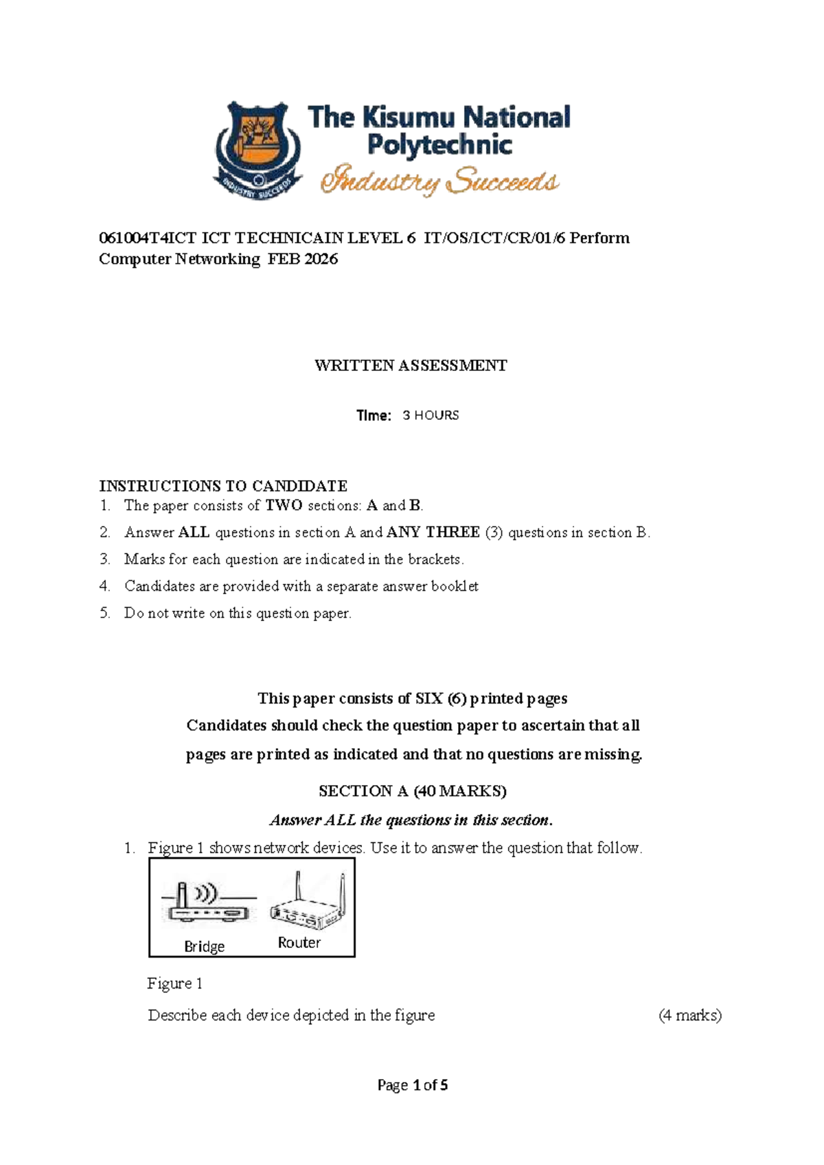 061004T4ICT ICT TECHNICIAN LEVEL 6 Networking Theory Written Assessment ...