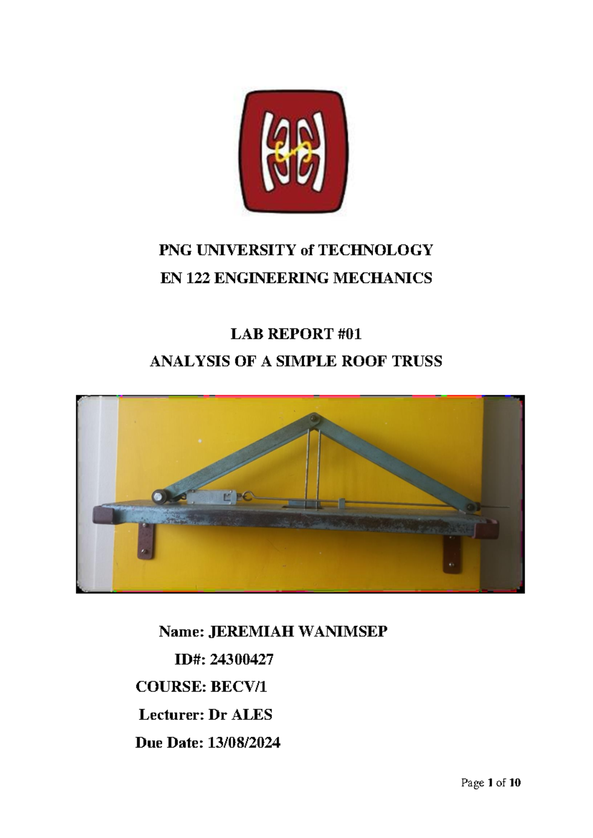 EN122 Lab 1: Analysis of a Simple Roof Truss System - Studocu