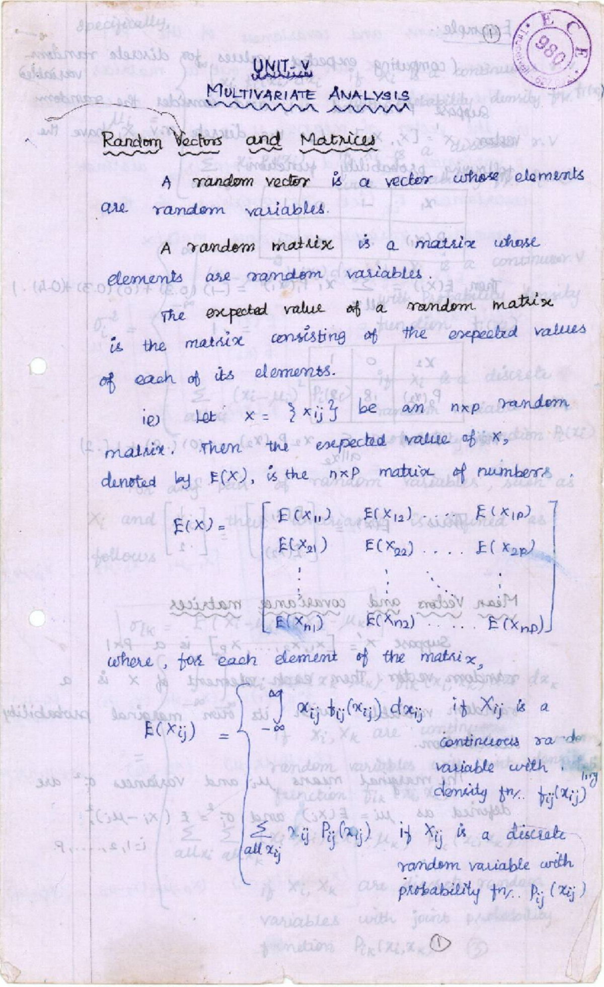 Unit 5 - Multivariate Analysis: Random Vectors and Matrices - Studocu