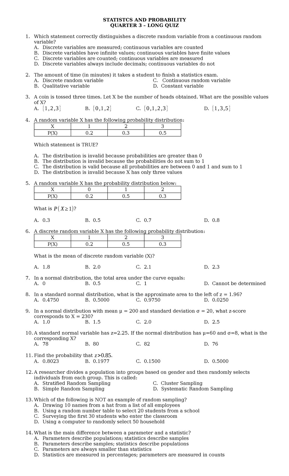 STATISTICS AND PROBABILITY Q3 LONG QUIZ 1 - Studocu