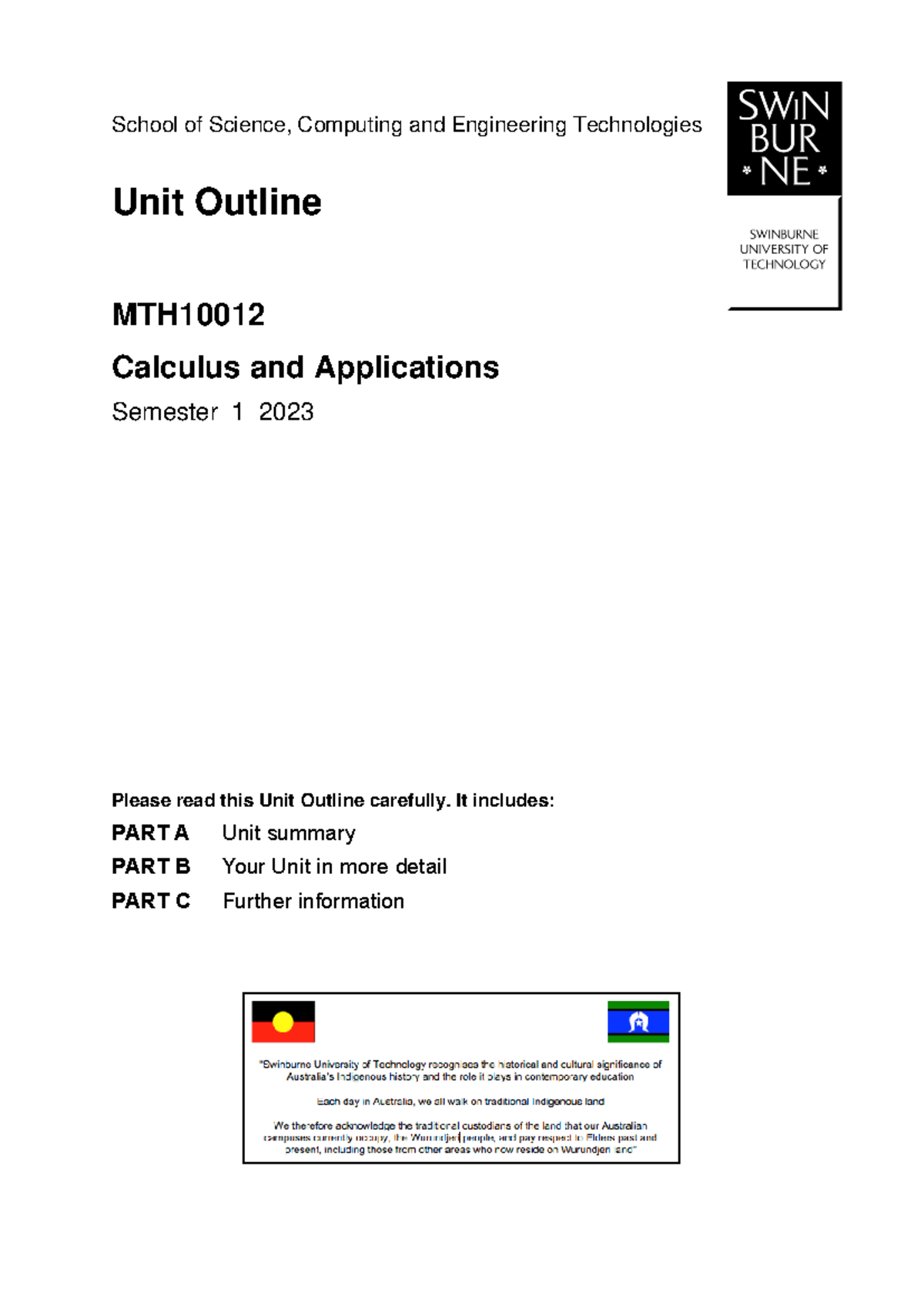 23(S1) MTH10012 Calculus and Applications Unit Outline for Semester 1 ...