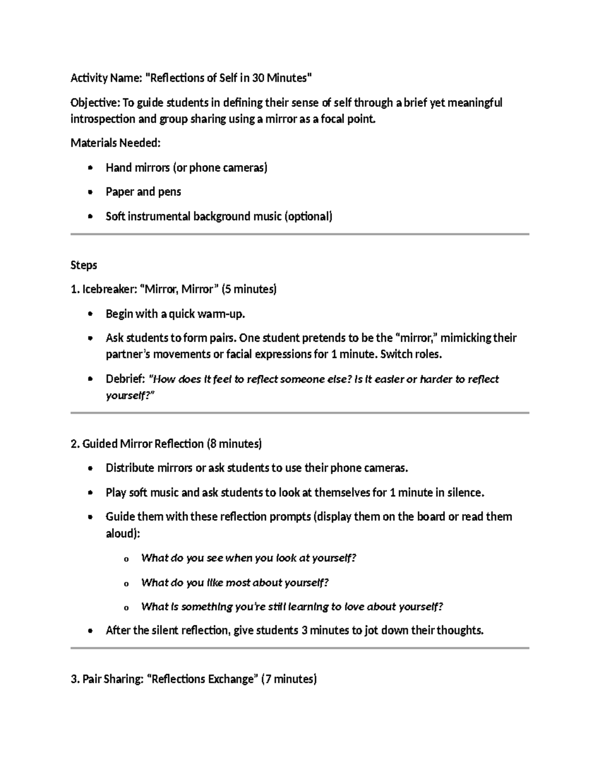 Activity 1 knowing the self - Activity Name: "Reflections of Self in 30 ...
