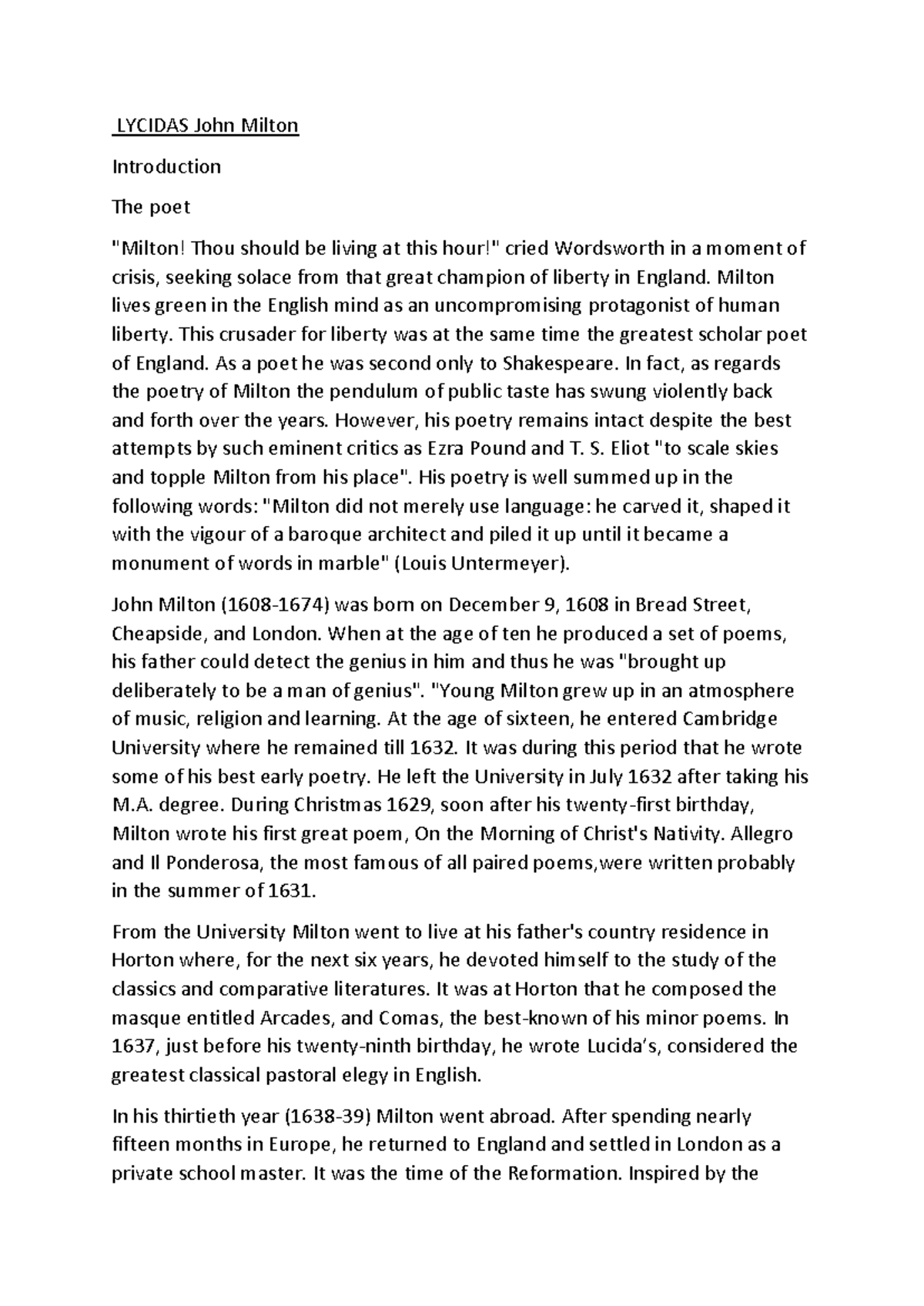 Lycidas John Milton - LYCIDAS John Milton Introduction The poet "Milton ...