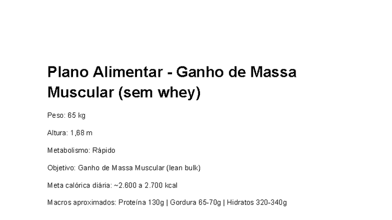 Plano Alimentar para Ganho de Massa Muscular (sem whey) - Studocu
