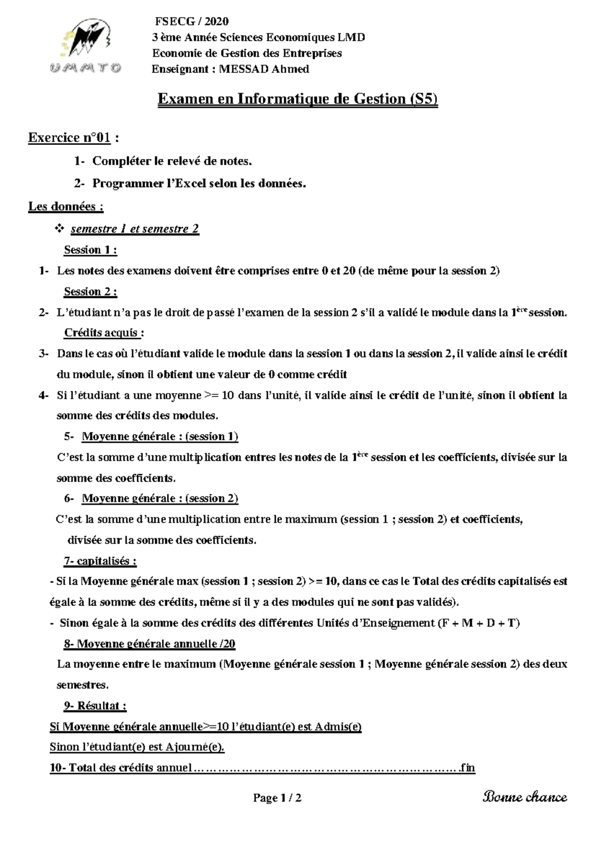 Correction du 01 er Examen en Informatique de Gestion 3.E - FSECG / 2020 3 ème Année Sciences ...