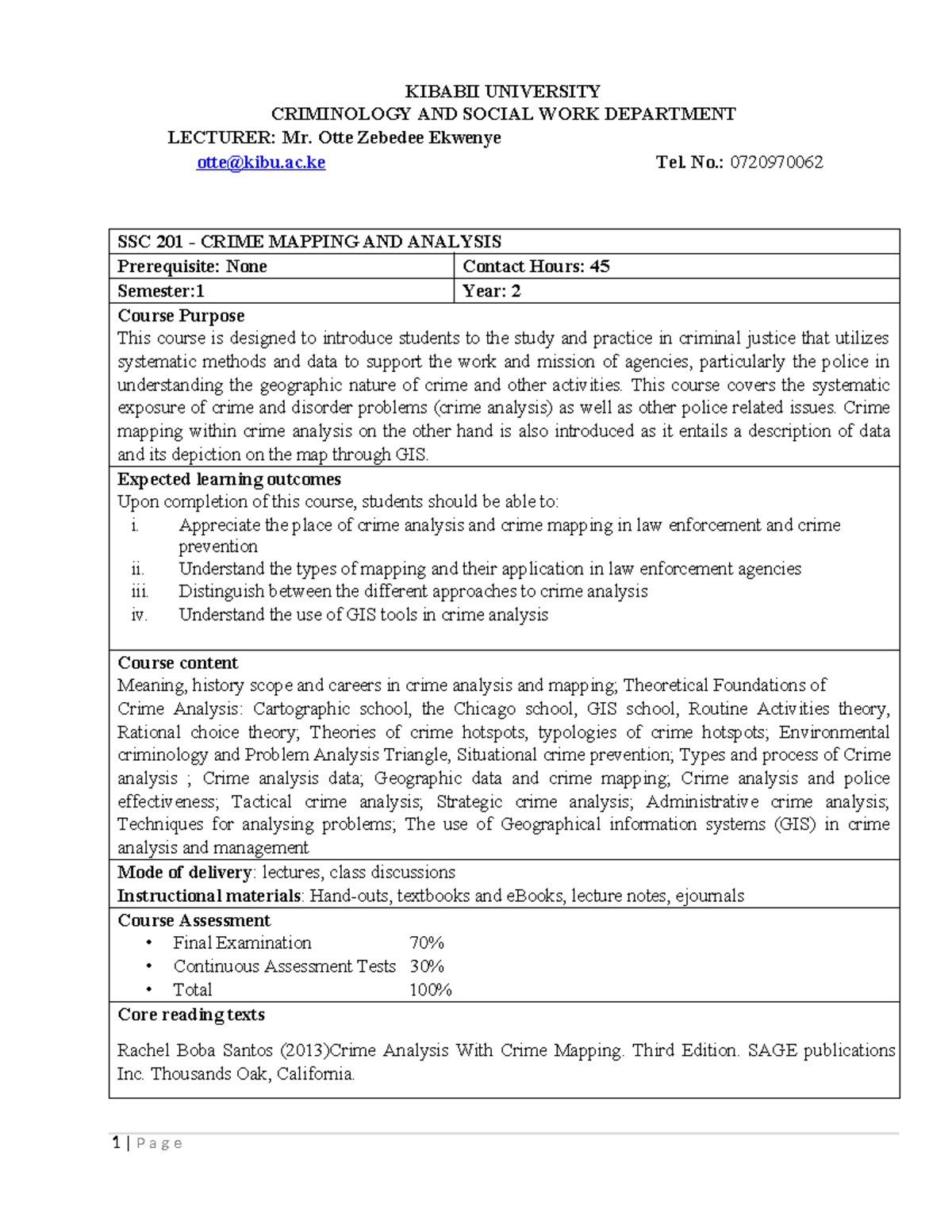 SSC 201 - Crime Mapping and Analysis Lecture Notes - Studocu
