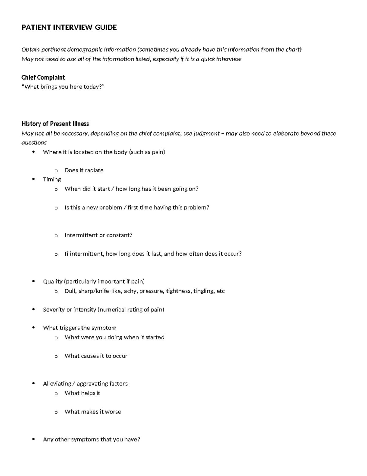 Patient Interview Guide: Comprehensive Health History Assessment - Studocu