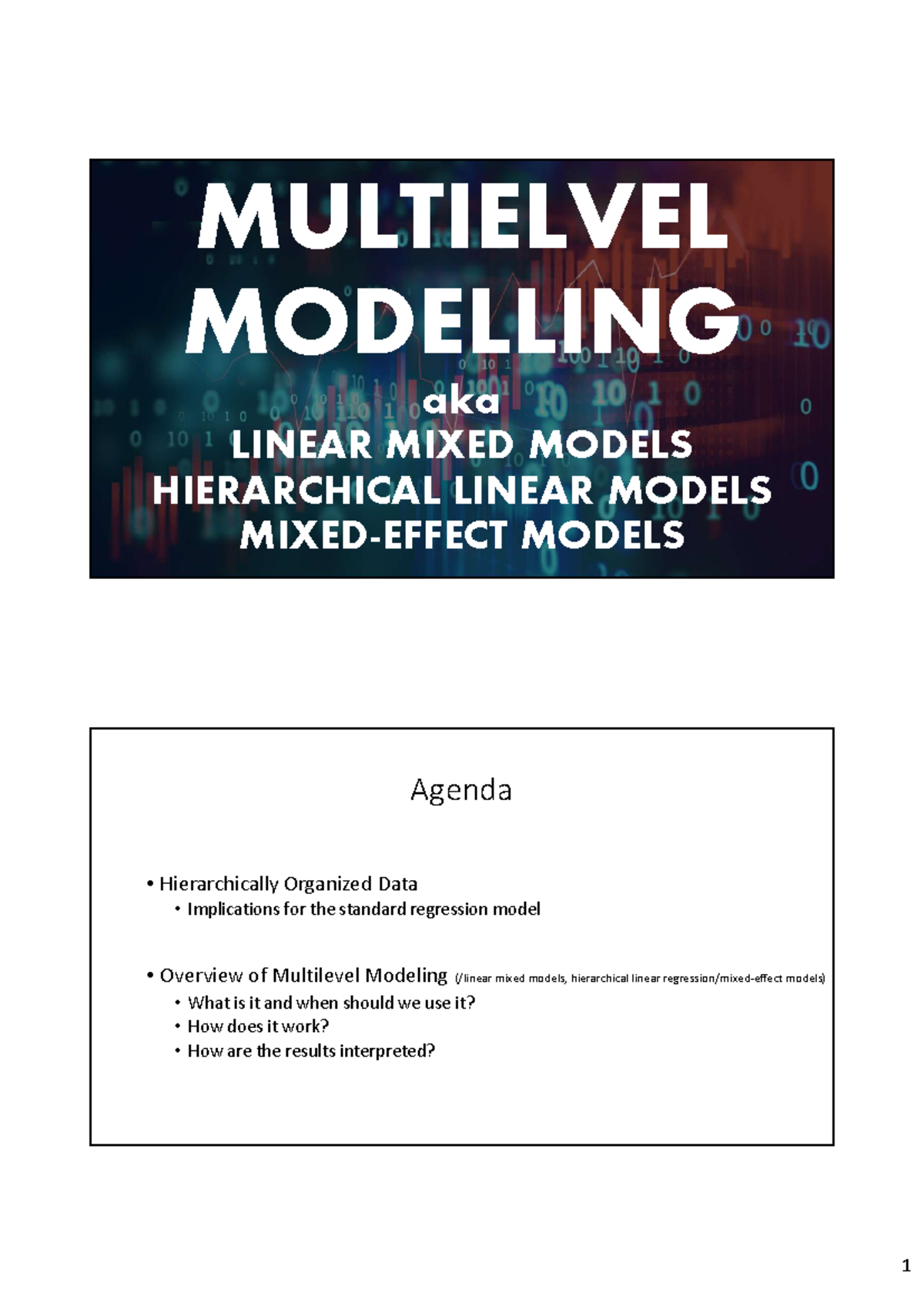 PSYC4050 Lecture 10: Overview of Multilevel Modeling Techniques - Studocu