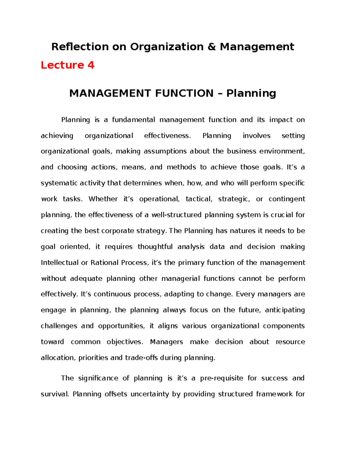 Reflection on Organization Lesson 4 - Reflection on Organization ...