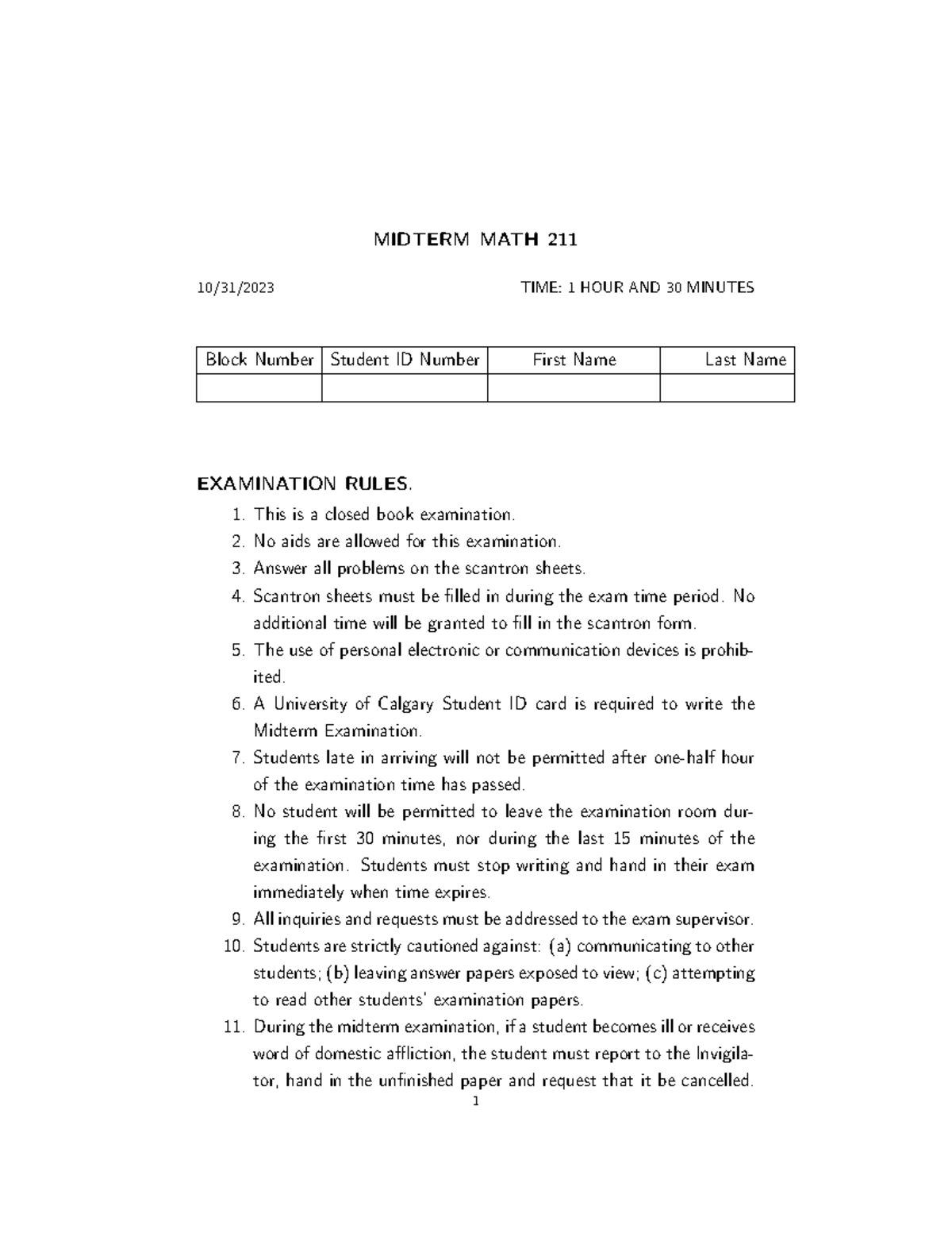 MIDTERM MATH 211 EXAMINATION RULES AND SAMPLE QUESTIONS - Studocu