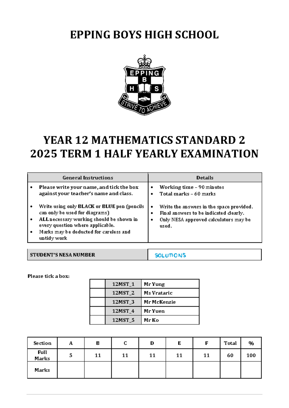 2025 EPPING BOYS HS Yr 12 Math Std 2 T1 Half-Yearly Exam Solutions ...