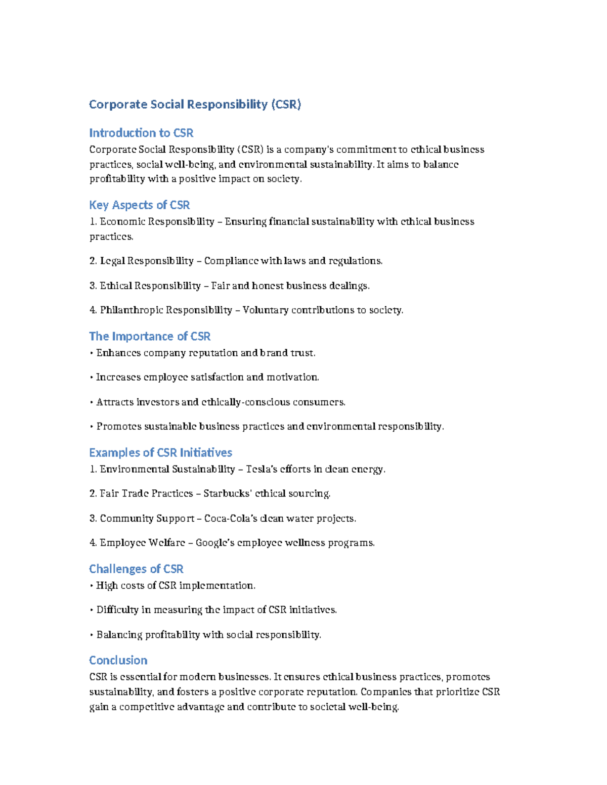 Corporate Social Responsibility (CSR) Overview and Key Aspects - Studocu
