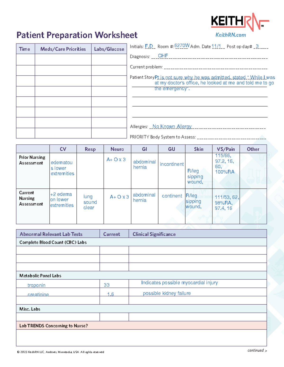 Patient Preparation Worksheet: CHF Clinical Report (KeithRN.com) - Studocu