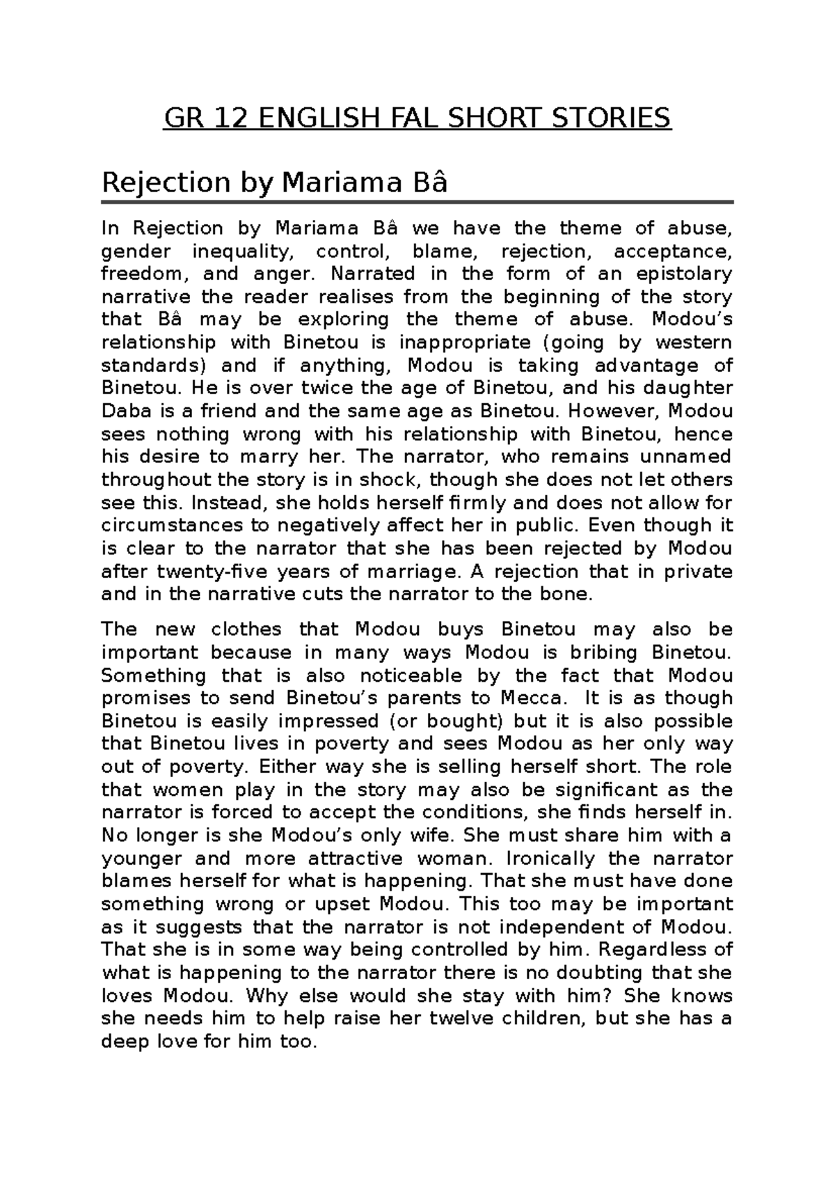 GR 12 ENGLISH FAL SHORT STORIES: Themes of Rejection and Identity - Studocu