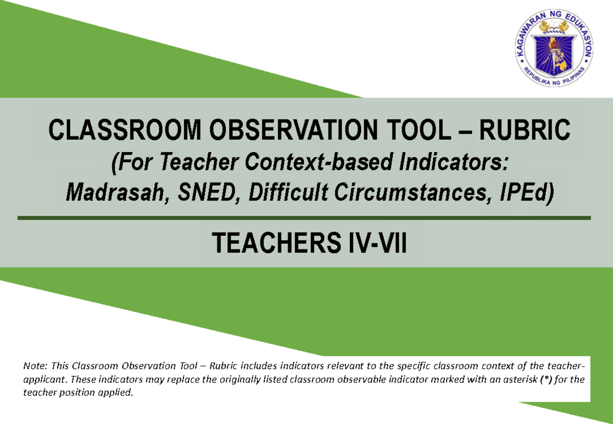 COT Rubric for Domain 3 Indicators (Teachers IV-VII Applicants) - Studocu