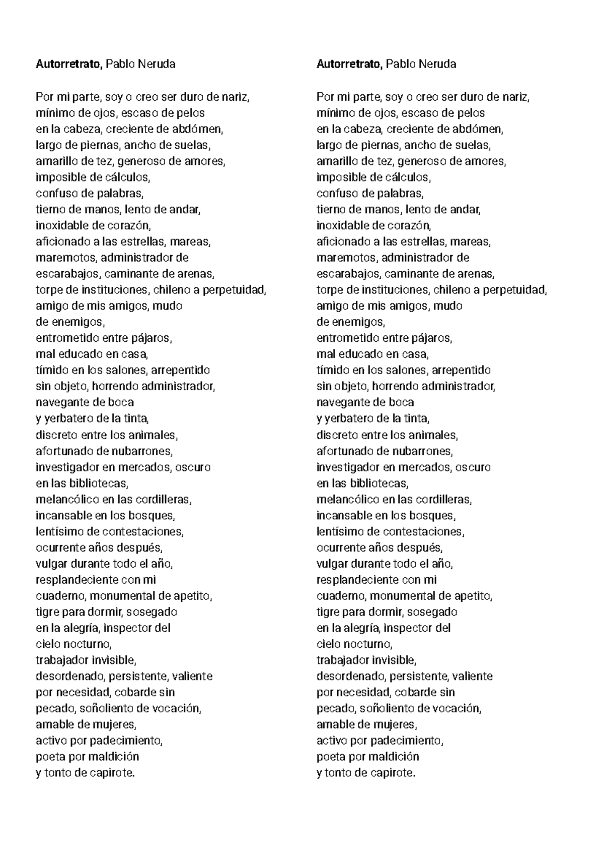 Análisis del Autorretrato de Pablo Neruda - Studocu