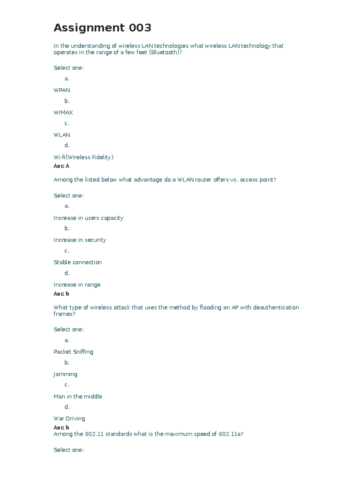 IT 122 Week 04 Assignment 003: Wireless LAN Technologies Quiz - Studocu