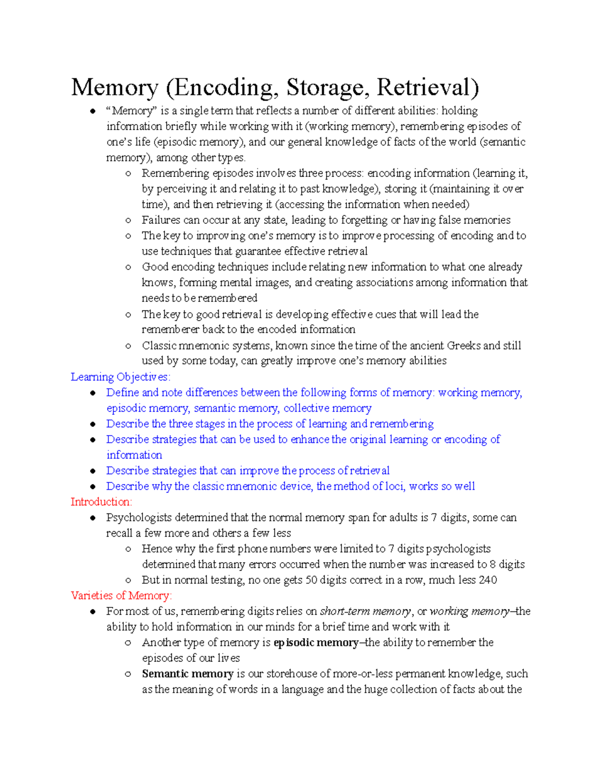 Memory (Encoding, Storage, Retrieval) Textbook Notes - Memory (Encoding ...
