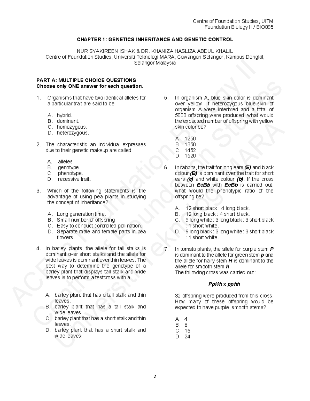 ACE BIO095 CHAPTER 1: Genetic Inheritance & Control in Biology II - Studocu