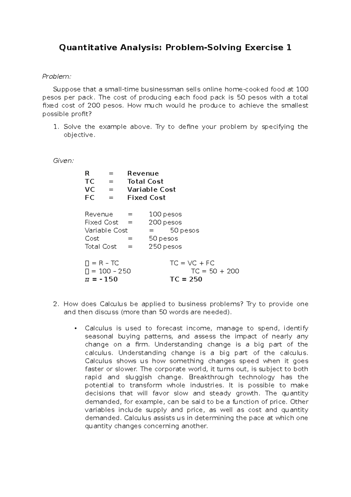 Quantitative Analysis - Problem-Solving Exercise 1 - Quantitative Analysis: Problem-Solving ...