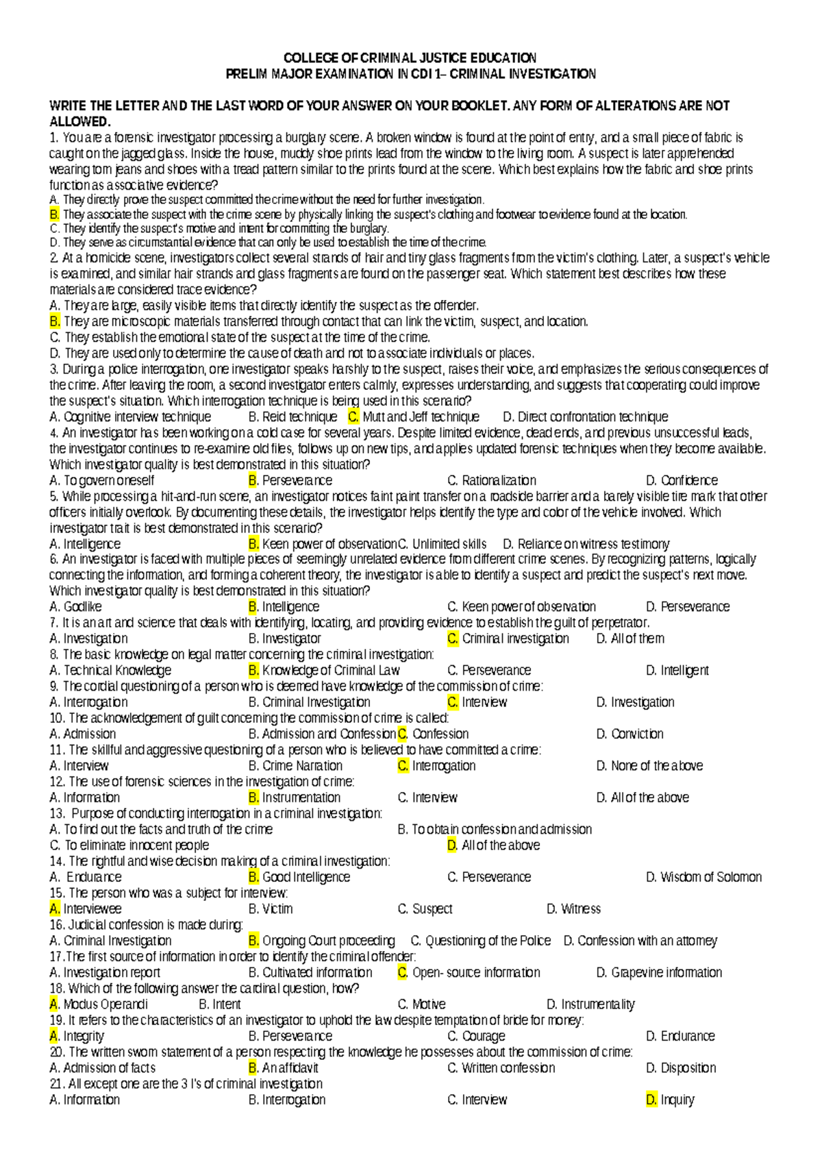 CDI 1 Major Exam: Forensic Investigation and Evidence Analysis - Studocu