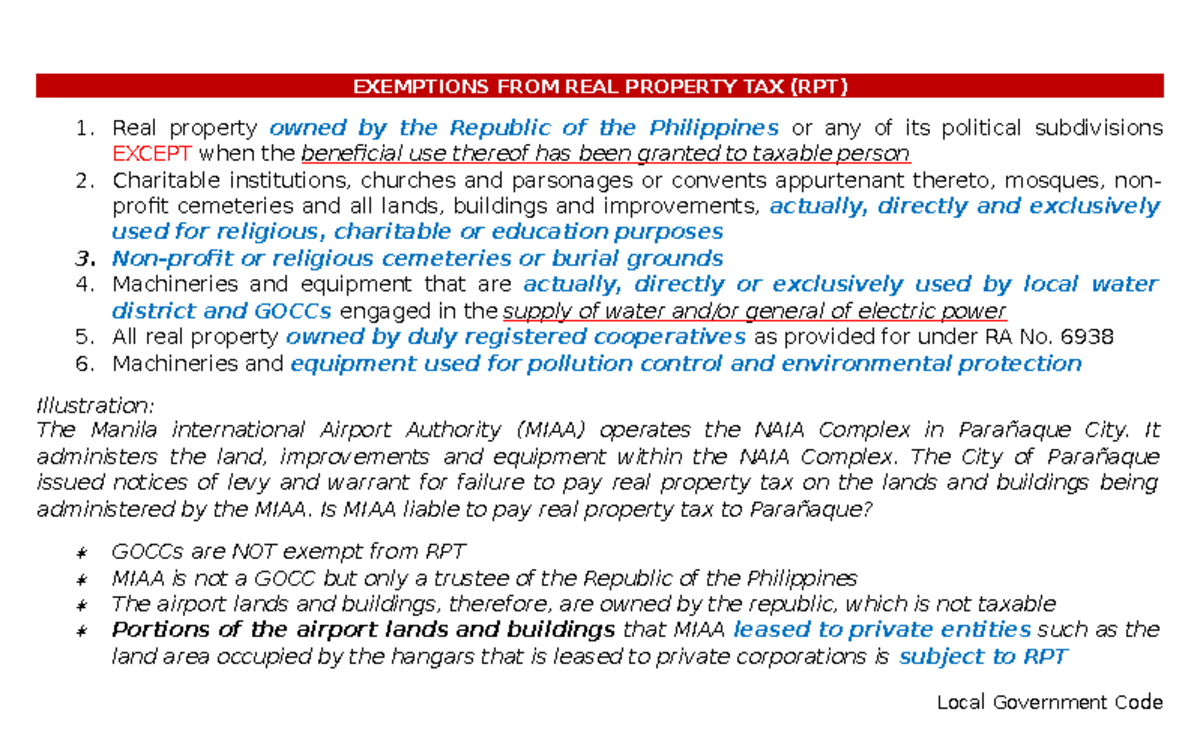 RPT 2 - RPT 2 - EXEMPTIONS FROM REAL PROPERTY TAX (RPT) Real property ...