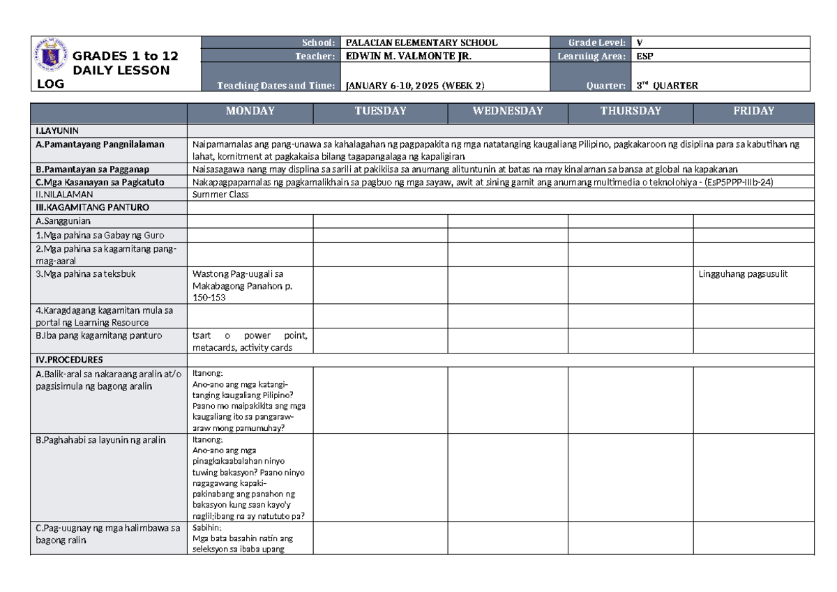 Daily Log Lesson ESP 5 Q3 W2 - GRADES 1 to 12 DAILY LESSON LOG School ...