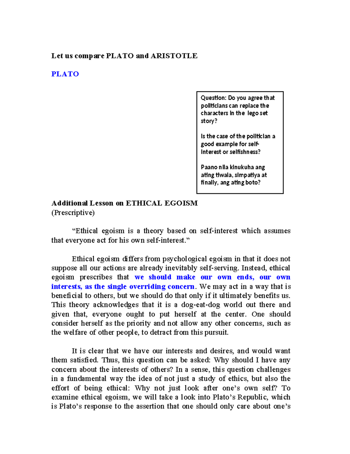 Comparative Analysis of Ethical Egoism: Lessons from Plato & Aristotle ...