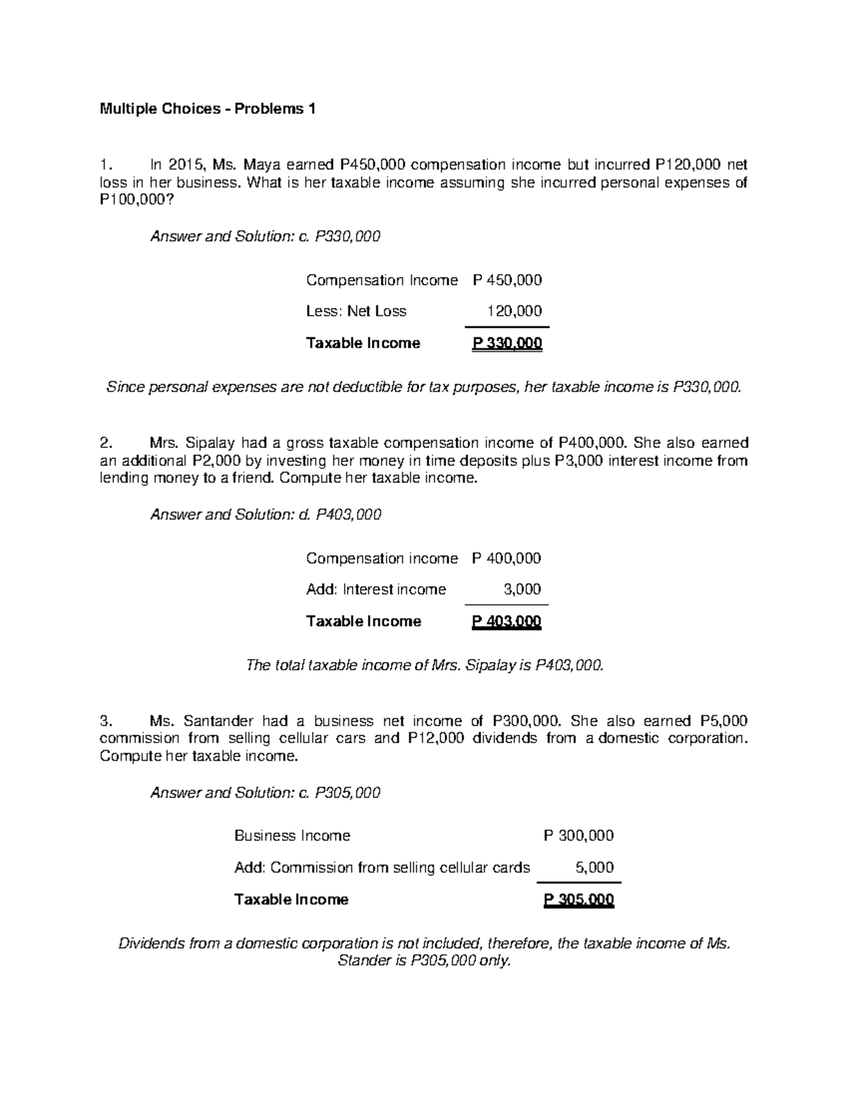 Quiz on Regular Income Tax: Key Problems & Solutions - Studocu