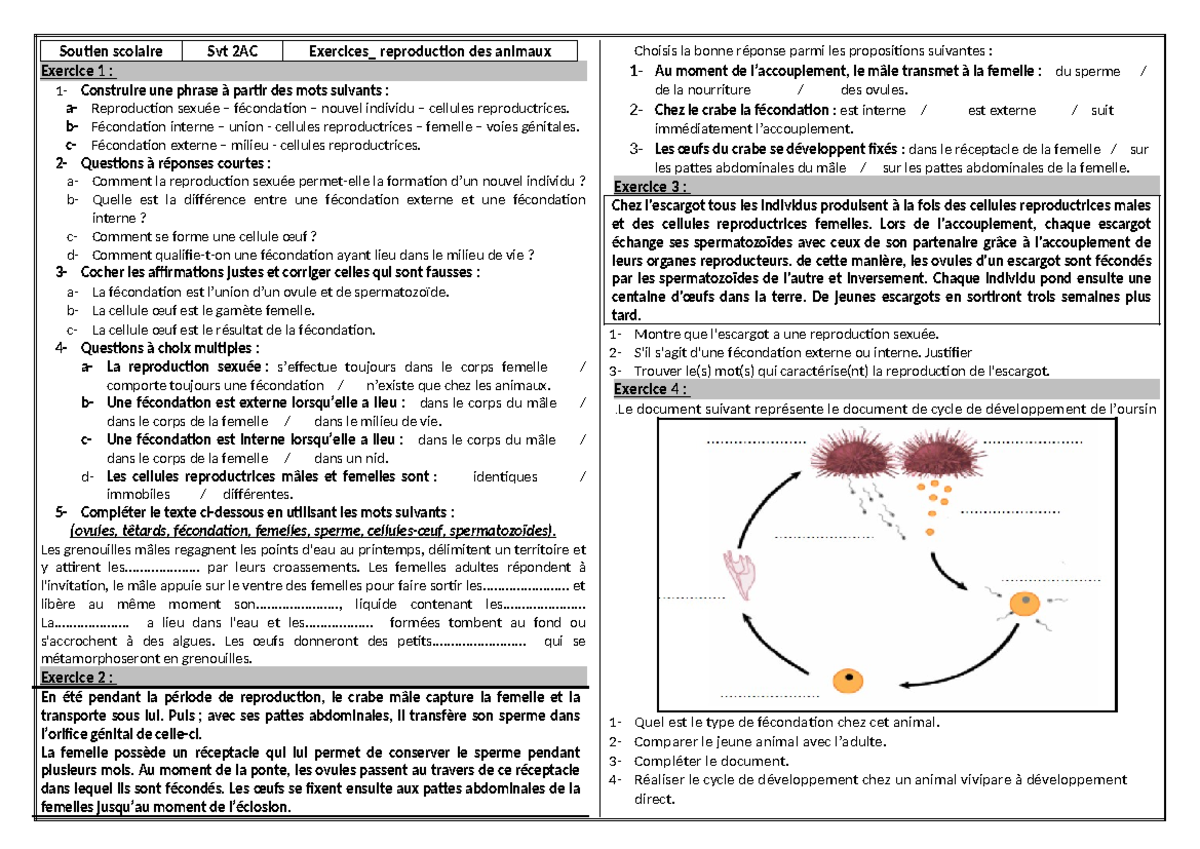 Soutien Scolaire SVT 2AC : Exercices sur la Reproduction Animale - Studocu