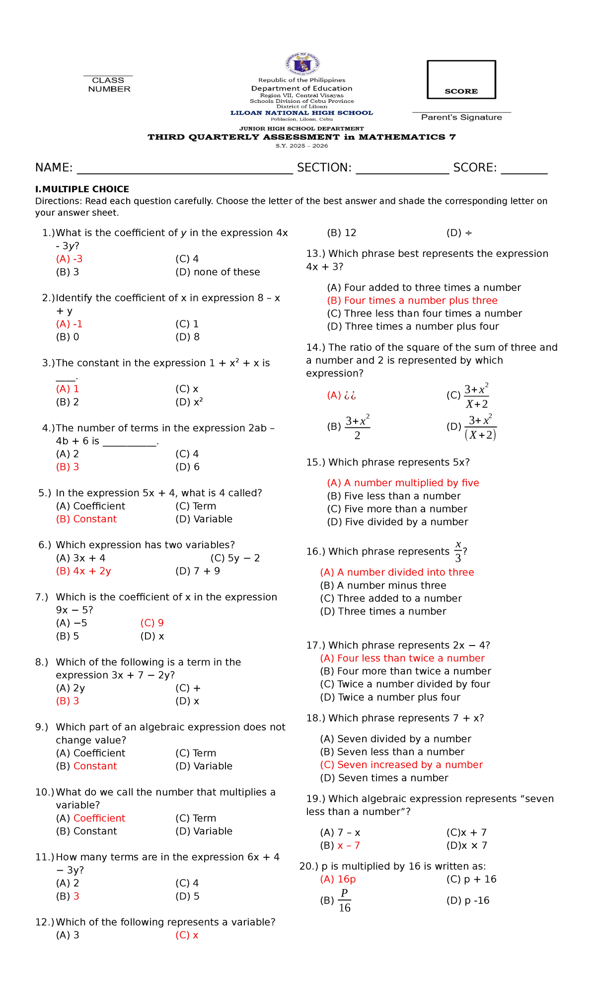 Grade 7 Algebra Exam: Multiple Choice Questions - Studocu
