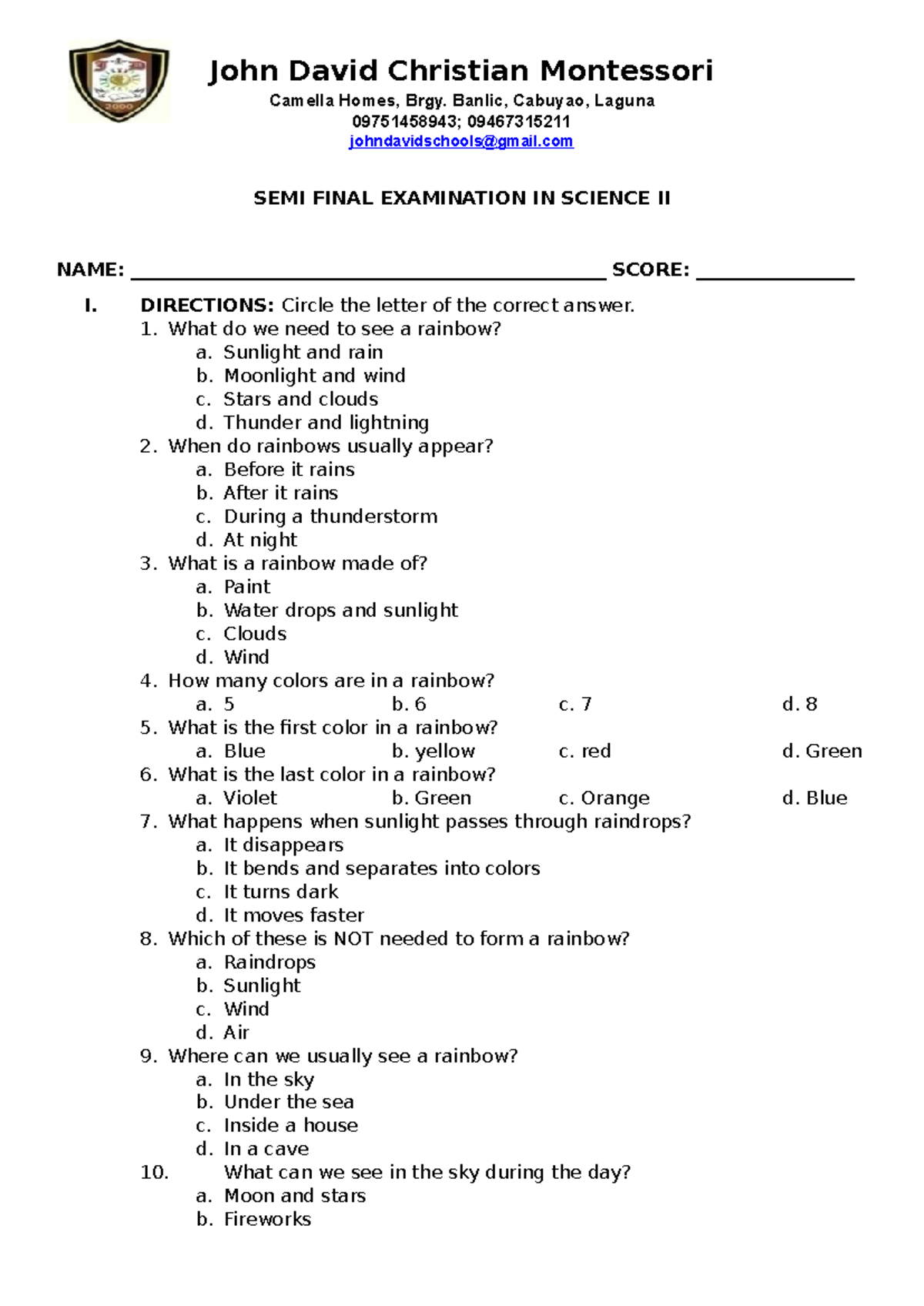 SEMI Final Examination IN Science II - John David Christian Montessori ...