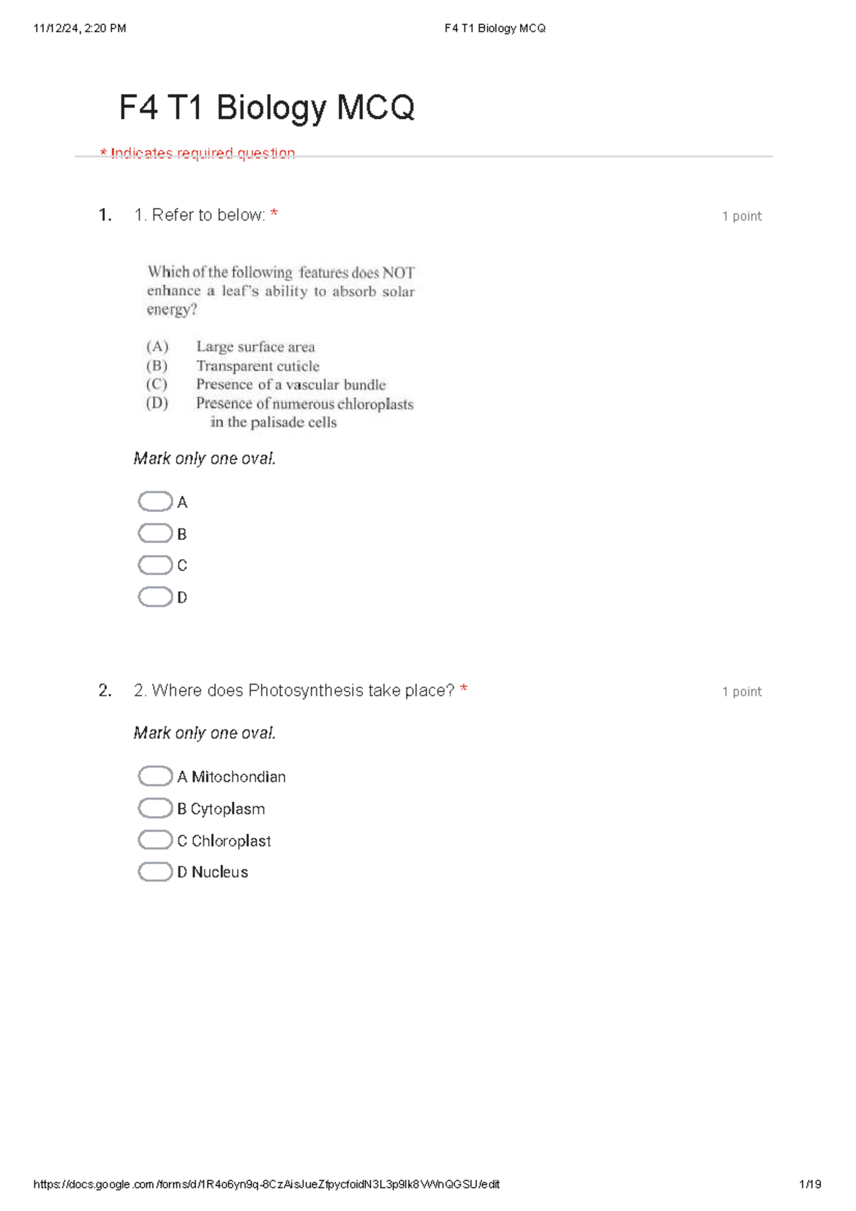 JRM F4 T1 Biology 2024 End of Term MCQ Exam - Studocu