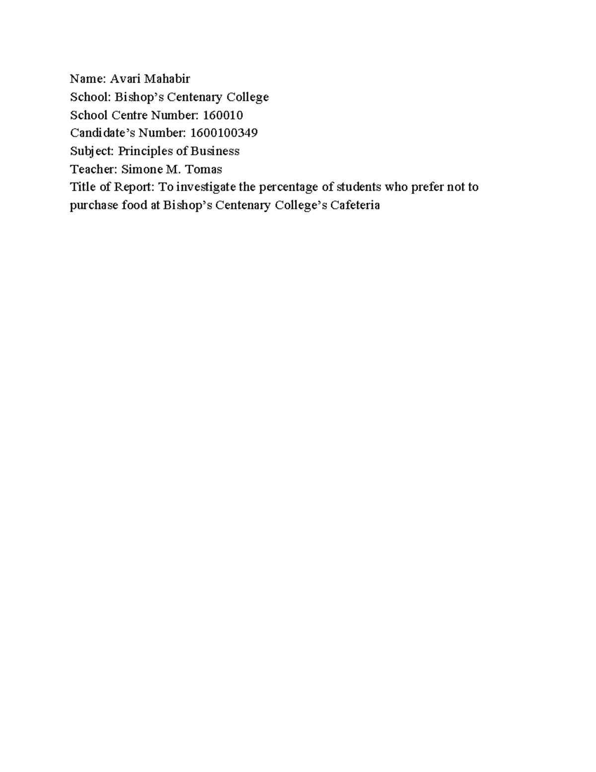 Principles of Business SBA: Student Preferences for Cafeteria Food ...