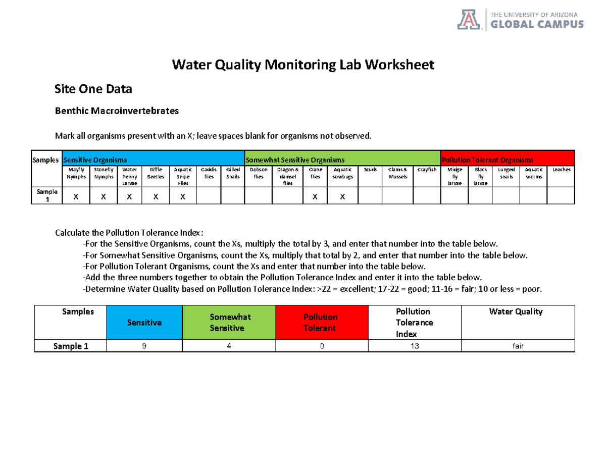 Water Quality Monitoring Lab Worksheet 6: Benthic Macroinvertebrates ...