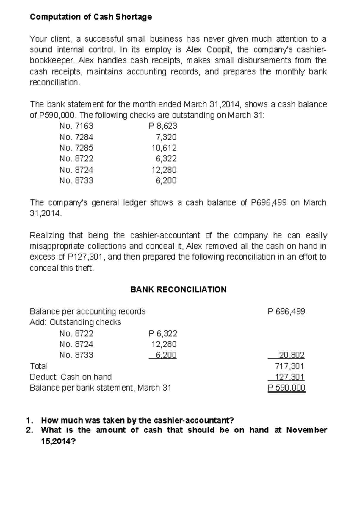 Auditing BANK Reconciliation: Computation of Cash Shortage Analysis ...