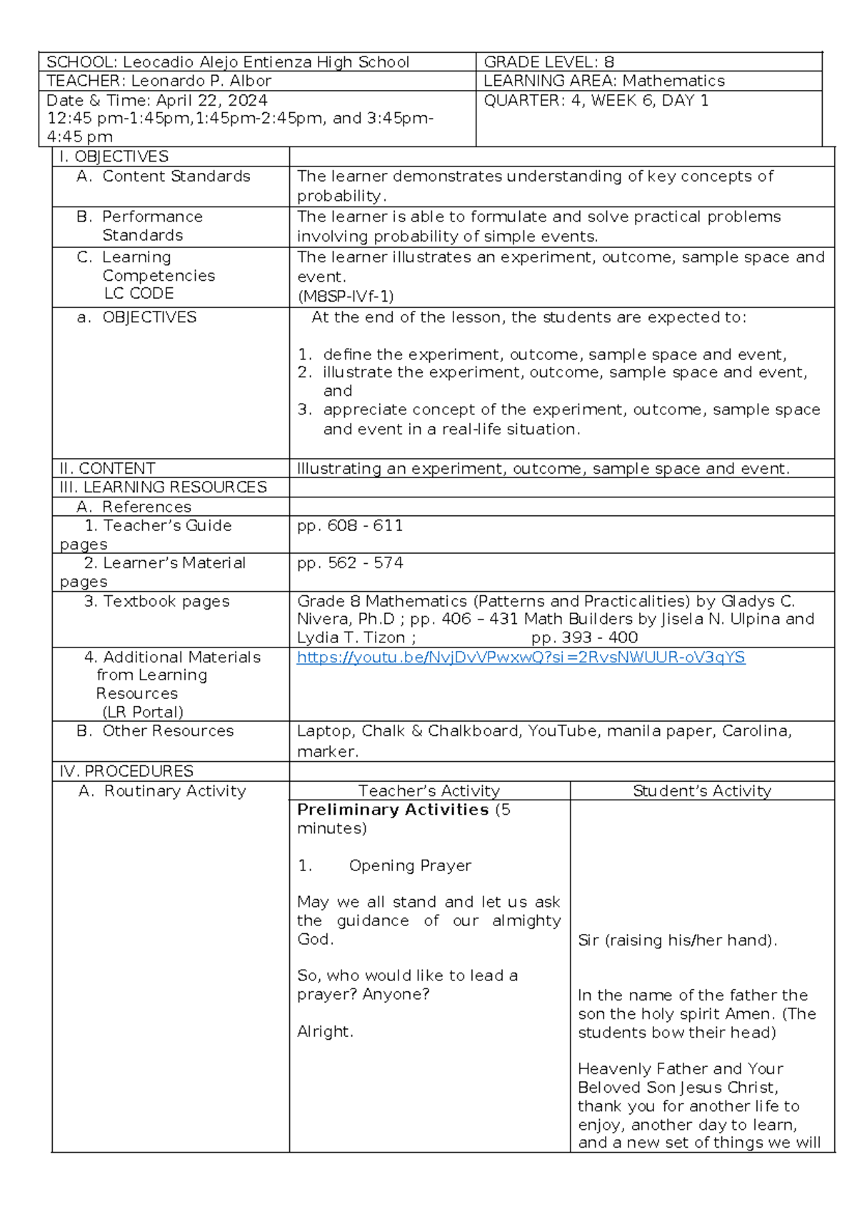 Mathematics M8SP-IVf-1: Week 6 Day 1 Lesson Plan on Probability - Studocu