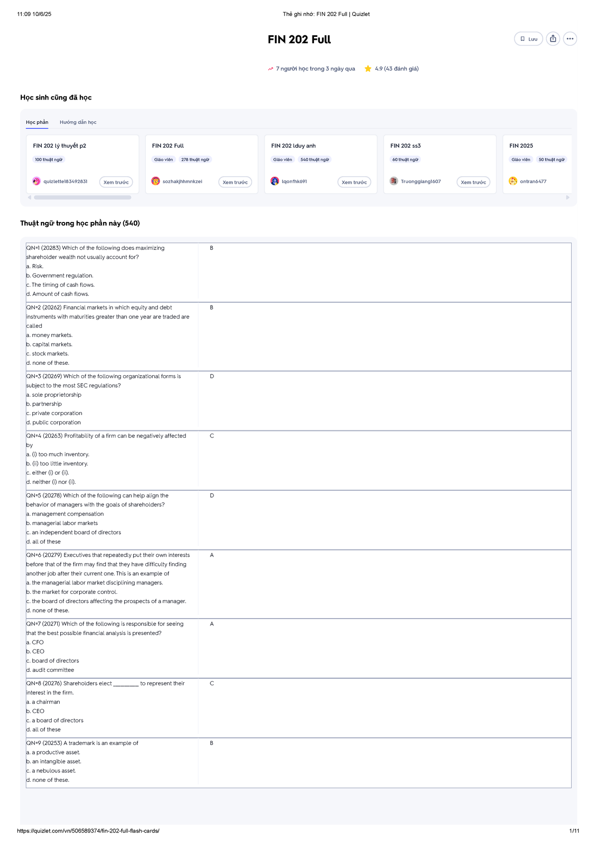 Thẻ ghi nhớ: FIN 202 Full Quizlet - Comprehensive Study Guide - Studocu