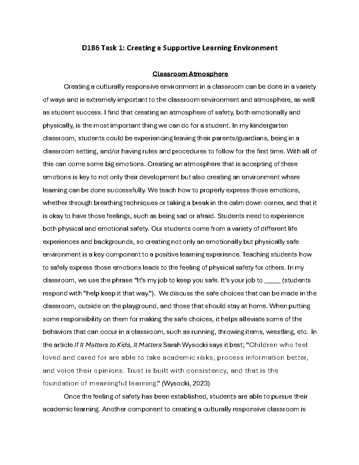D186 Task 1: Cultivating a Safe and Inclusive Learning Environment ...