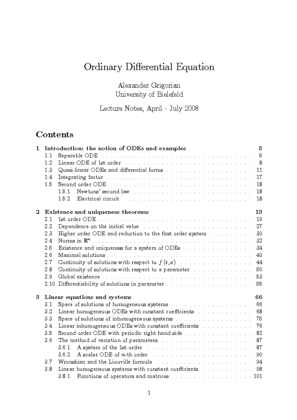 Ordinary Differential Equations (ODEs) Lecture Notes - Alexander ...