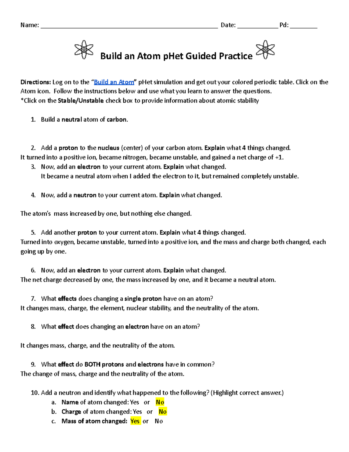 CHEM 101: Build an Atom pHet Guided Practice Notes - Studocu