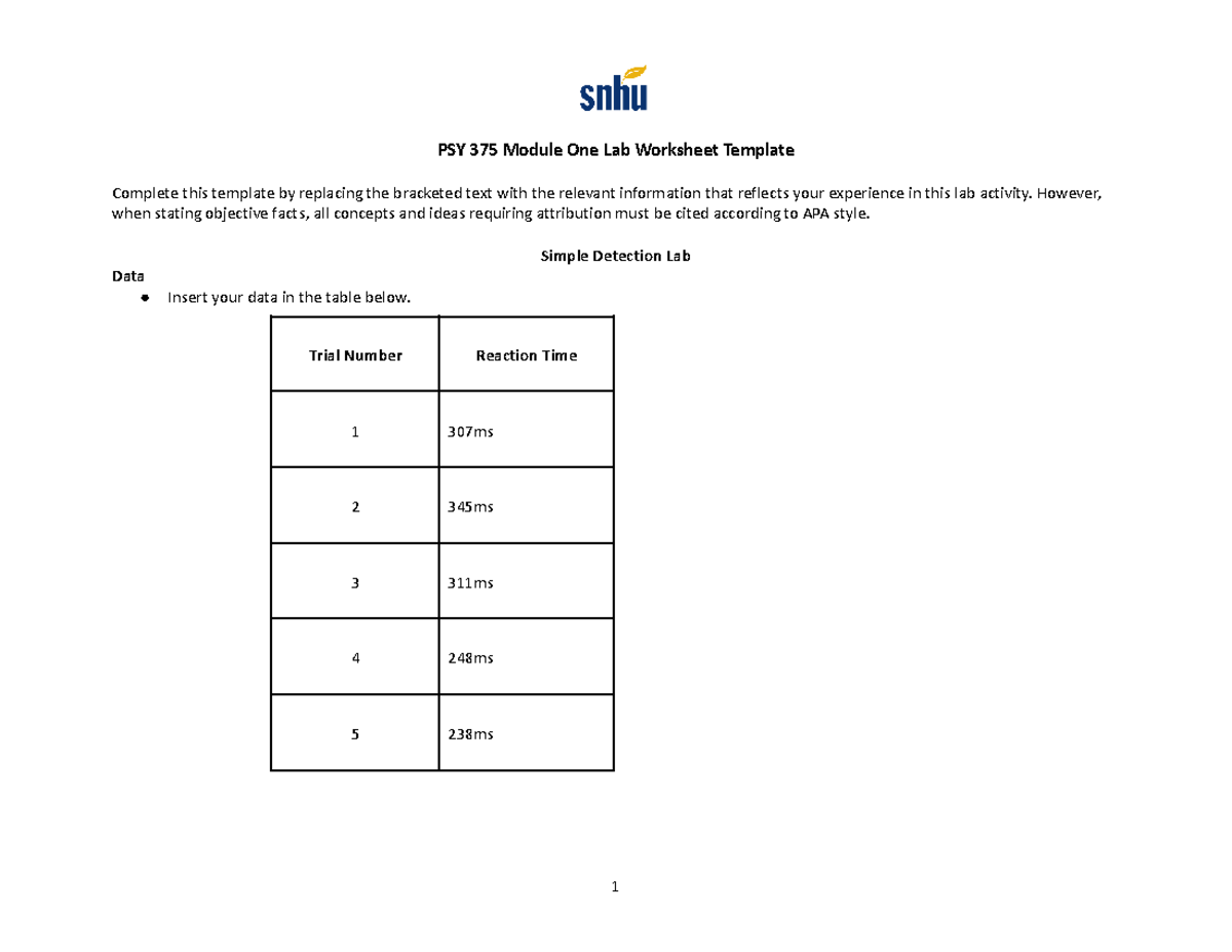 PSY 375 Simple Detection and Visual Search Lab Worksheet - Studocu
