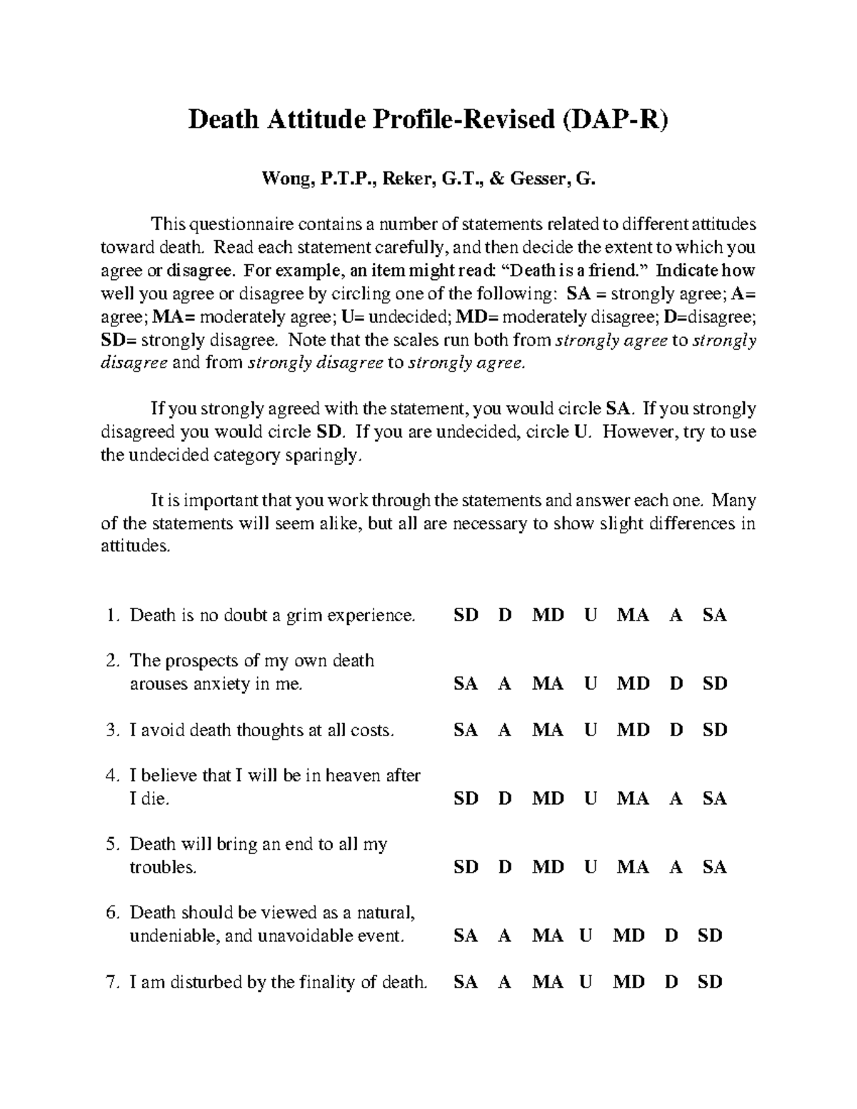 Death Attitude Profile Revised Scale: Questionnaire & Scoring Guide ...