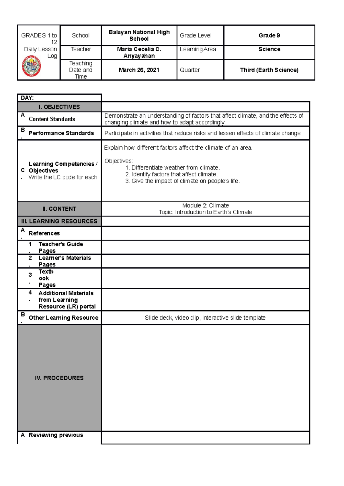 COT-1-DLL - Daily Lesson Log for Science Grade 9 on Climate Factors ...