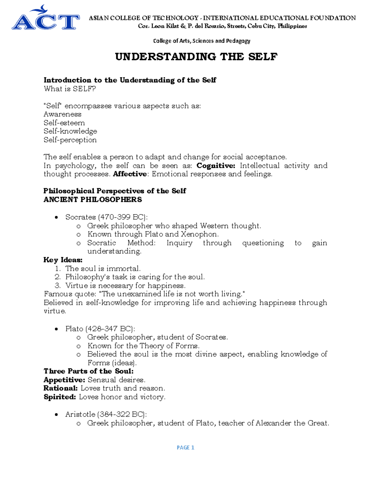 Unself-Module-1 - Unself - PAGE 1 UNDERSTANDING THE SELF Introduction ...