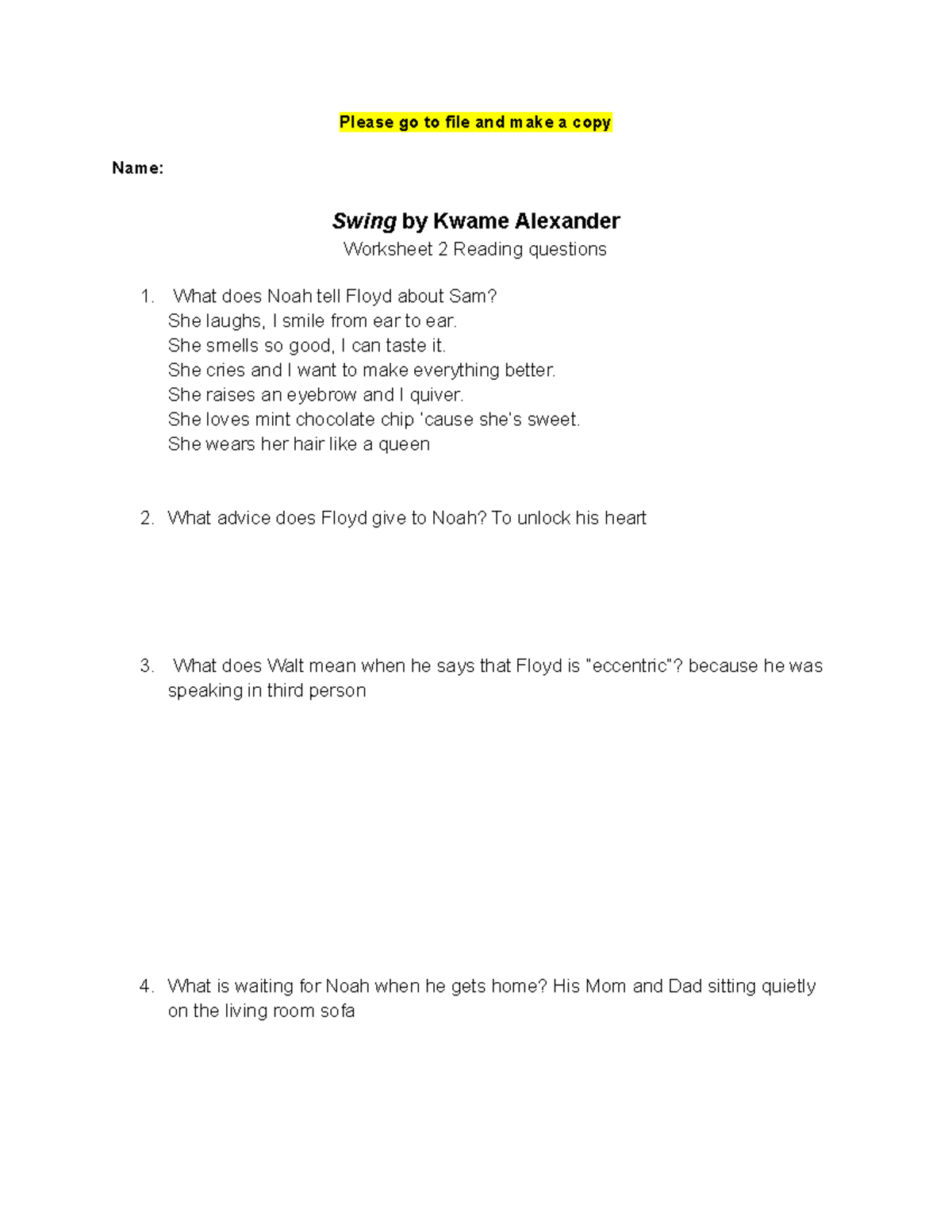 Swing by Kwame Alexander: Worksheet 2 Reading Questions - Studocu